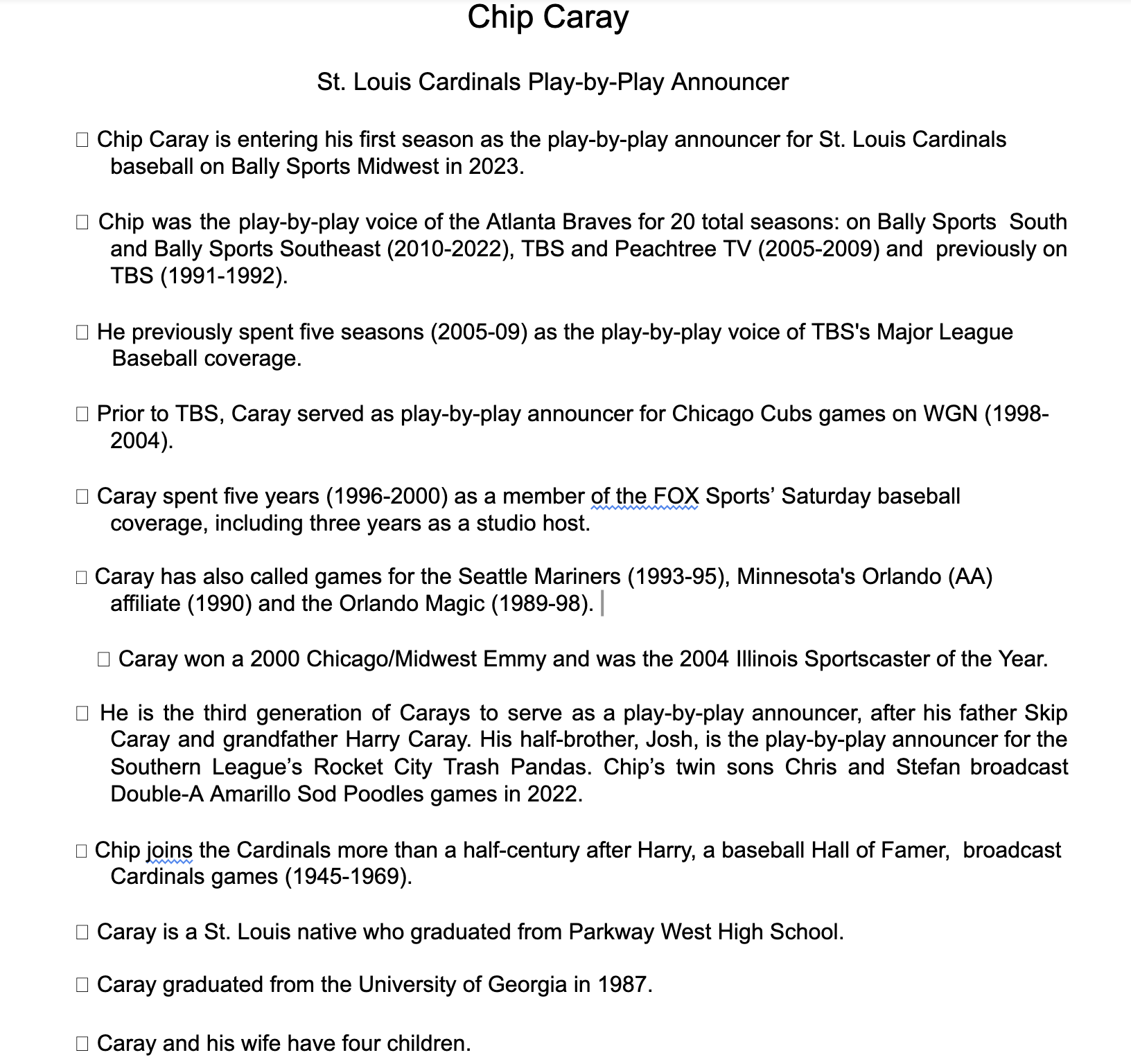 Chip Caray Named New Television Play-By-Play Announcer for St. Louis ...